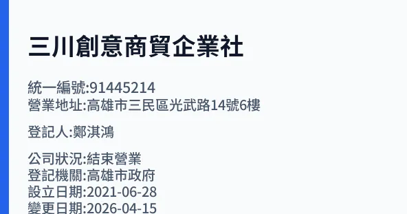三川創意商貿企業社的照片-統編 91445214(高雄市) 公司登記資料與營業項目詳細圖表