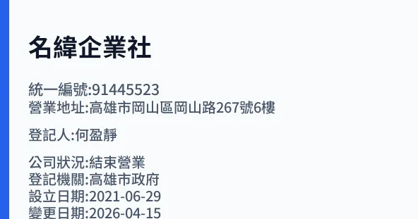 名緯企業社的照片-統編 91445523(高雄市) 公司登記資料與營業項目詳細圖表