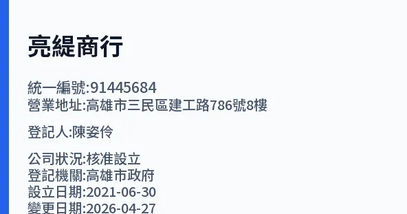 亮緹商行的照片-統編 91445684(高雄市) 公司登記資料與營業項目詳細圖表