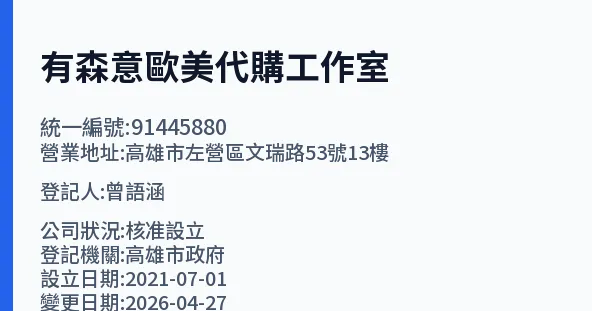 有森意歐美代購工作室的照片-統編 91445880(高雄市) 公司登記資料與營業項目詳細圖表