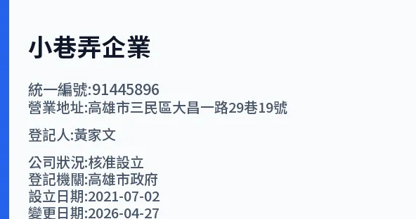 小巷弄企業的照片-統編 91445896(高雄市) 公司登記資料與營業項目詳細圖表