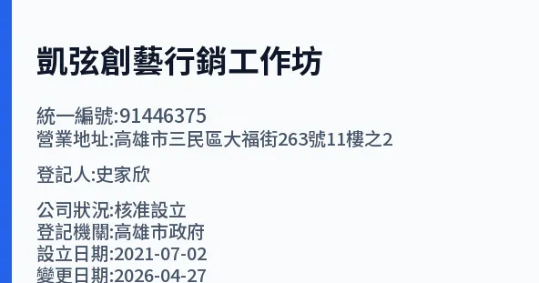 凱弦創藝行銷工作坊的照片-統編 91446375(高雄市) 公司登記資料與營業項目詳細圖表