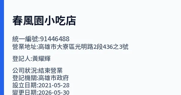 春風園小吃店的照片-統編 91446488(高雄市) 公司登記資料與營業項目詳細圖表