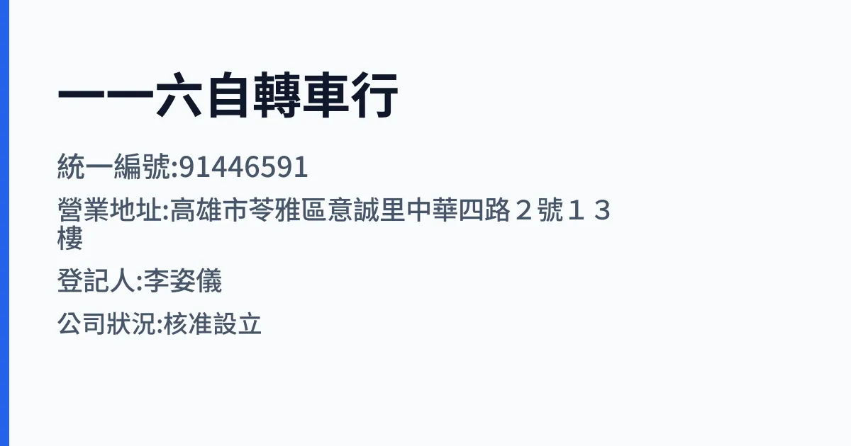 一一六自轉車行 - 統編 91446591(高雄市) 公司登記資料與營業項目詳細圖表