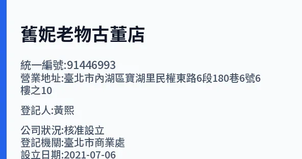 舊妮老物古董店的照片-統編 91446993(臺北市) 公司登記資料與營業項目詳細圖表