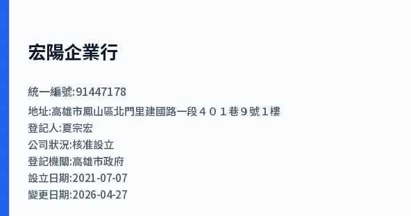 宏陽企業行的照片-統編 91447178(高雄市) 公司登記資料與營業項目詳細圖表