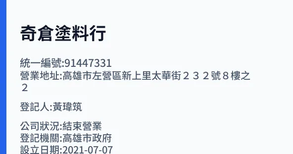 奇倉塗料行的照片-統編 91447331(高雄市) 公司登記資料與營業項目詳細圖表