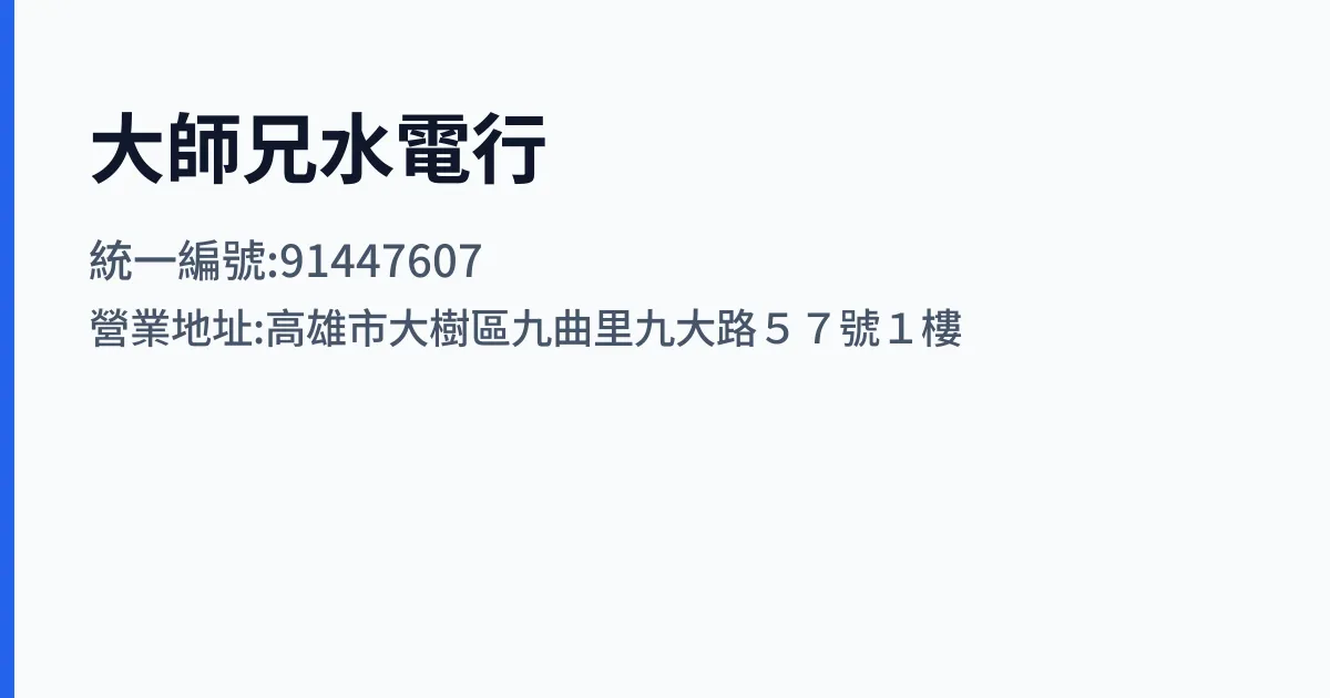 大師兄水電行 - 統編 91447607(高雄市) 公司登記資料與營業項目詳細圖表