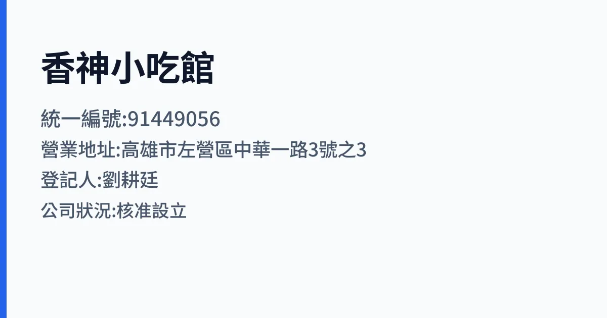 香神小吃館 - 統編 91449056（高雄市） 公司登記資料與營業項目詳細圖表