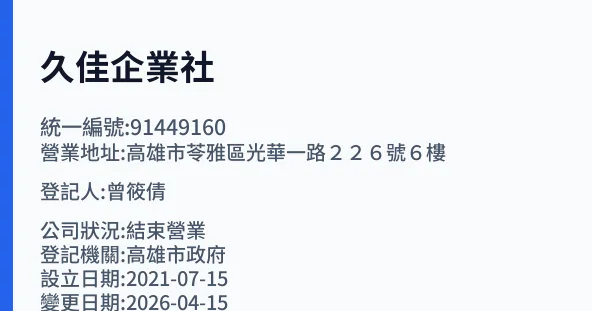 久佳企業社的照片-統編 91449160(高雄市) 公司登記資料與營業項目詳細圖表