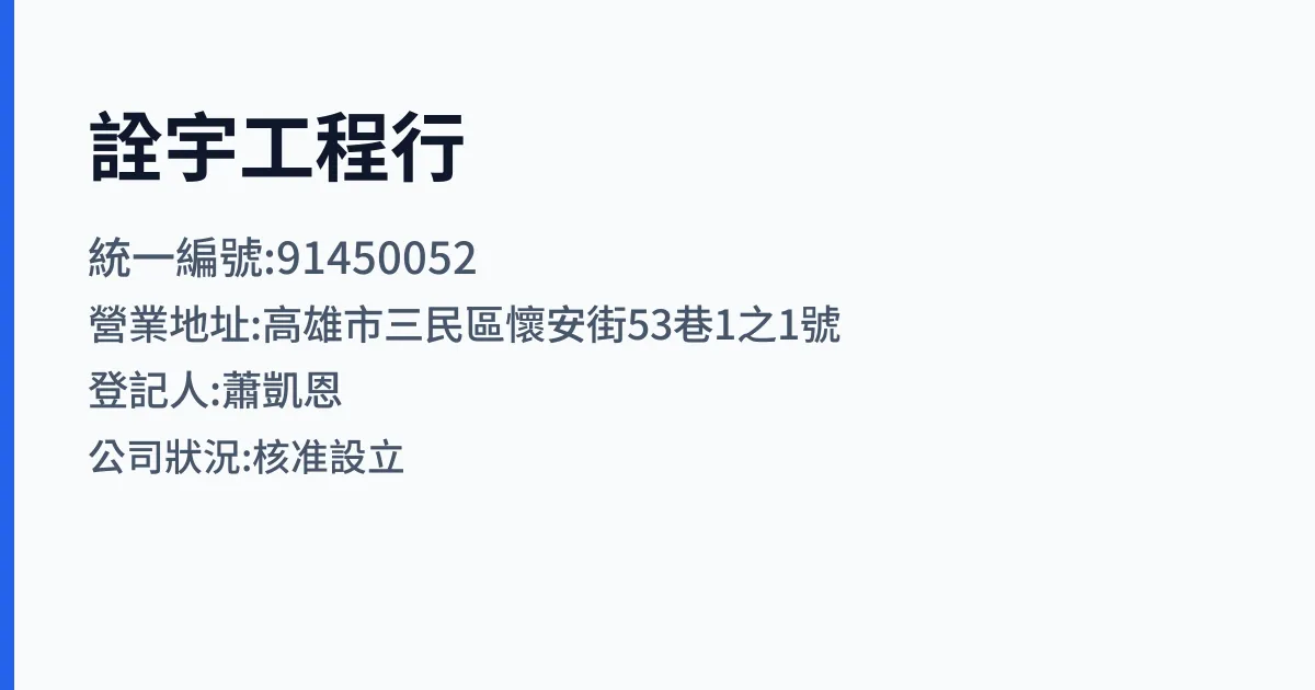 詮宇工程行 - 統編 91450052(高雄市) 公司登記資料與營業項目詳細圖表