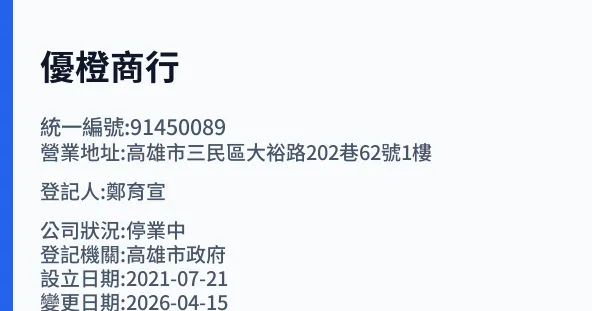 優橙商行的照片-統編 91450089(高雄市) 公司登記資料與營業項目詳細圖表