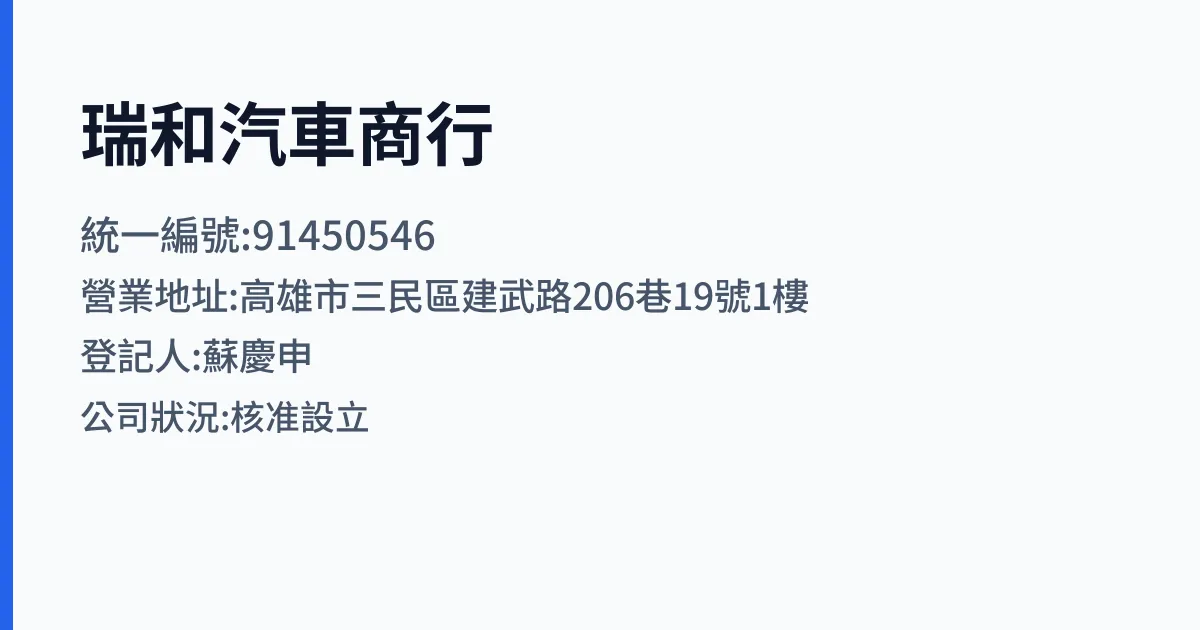 瑞和汽車商行 - 統編 91450546(高雄市) 公司登記資料與營業項目詳細圖表