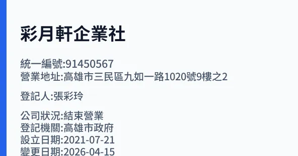彩月軒企業社的照片-統編 91450567(高雄市) 公司登記資料與營業項目詳細圖表