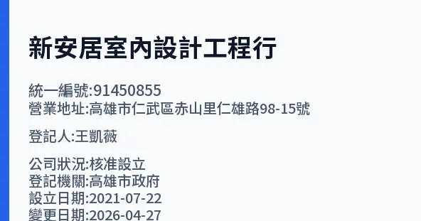 新安居室內設計工程行的照片-統編 91450855(高雄市) 公司登記資料與營業項目詳細圖表