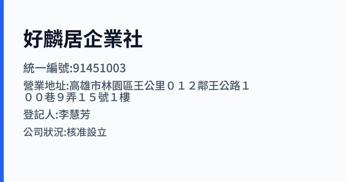 好麟居企業社 - 統編 91451003(高雄市) 公司登記資料與營業項目詳細圖表