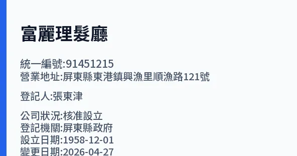 富麗理髮廳的照片-統編 91451215(屏東縣) 公司登記資料與營業項目詳細圖表