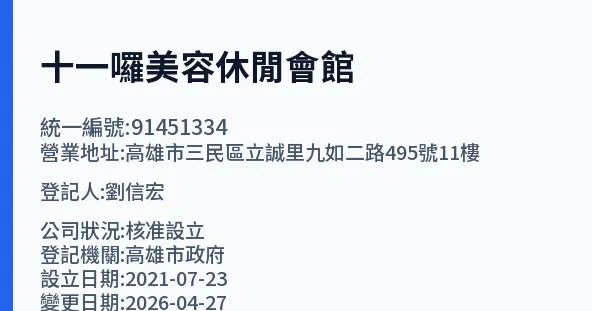 十一囉美容休閒會館的照片-統編 91451334(高雄市) 公司登記資料與營業項目詳細圖表