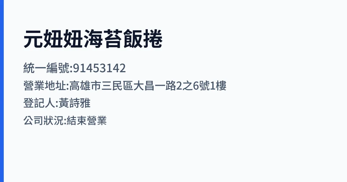 元妞妞海苔飯捲 - 統編 91453142(高雄市) 公司登記資料與營業項目詳細圖表