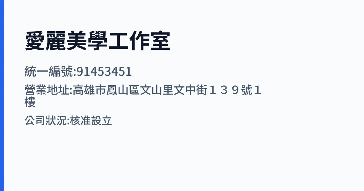 愛麗美學工作室 - 統編 91453451(高雄市) 公司登記資料與營業項目詳細圖表