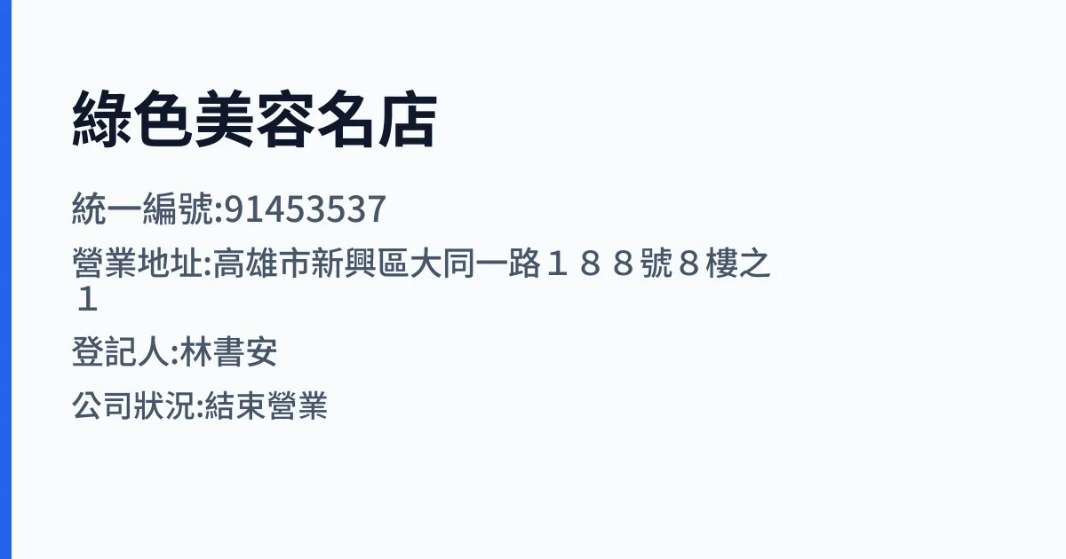 綠色美容名店 - 統編 91453537(高雄市) 公司登記資料與營業項目詳細圖表