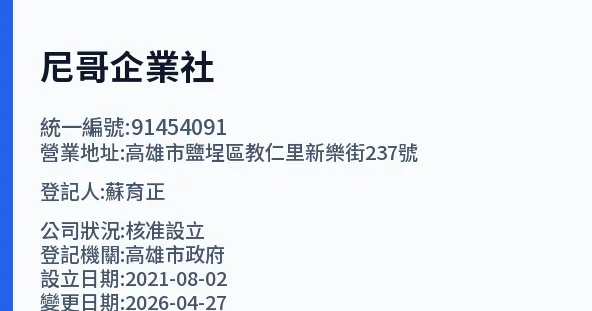 尼哥企業社的照片-統編 91454091(高雄市) 公司登記資料與營業項目詳細圖表