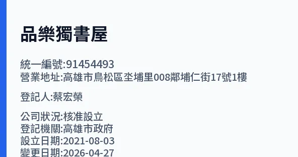 品樂獨書屋的照片-統編 91454493(高雄市) 公司登記資料與營業項目詳細圖表
