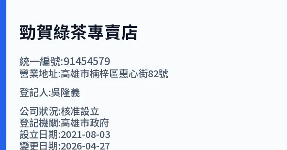 勁賀綠茶專賣店的照片-統編 91454579(高雄市) 公司登記資料與營業項目詳細圖表