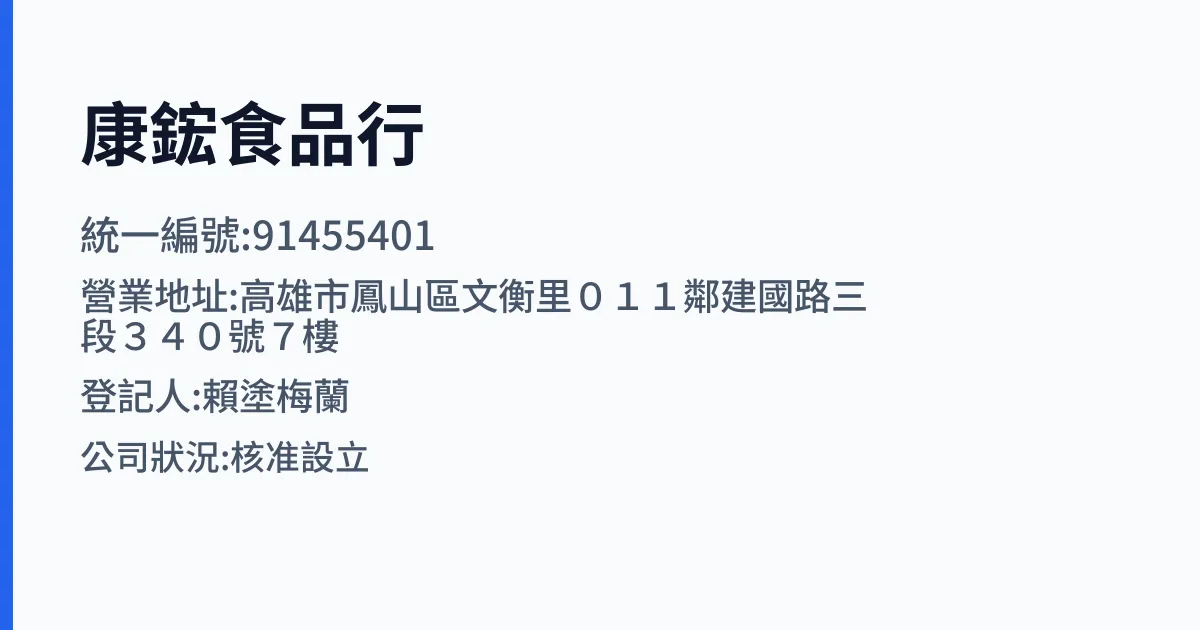 康鋐食品行 - 統編 91455401(高雄市) 公司登記資料與營業項目詳細圖表