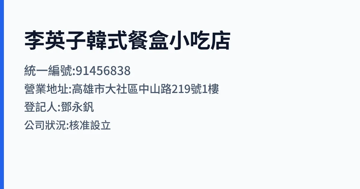 李英子韓式餐盒小吃店 - 統編 91456838(高雄市) 公司登記資料與營業項目詳細圖表