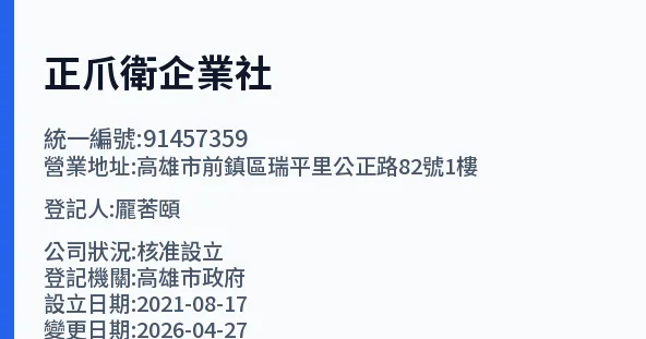 正爪衛企業社的照片-統編 91457359(高雄市) 公司登記資料與營業項目詳細圖表