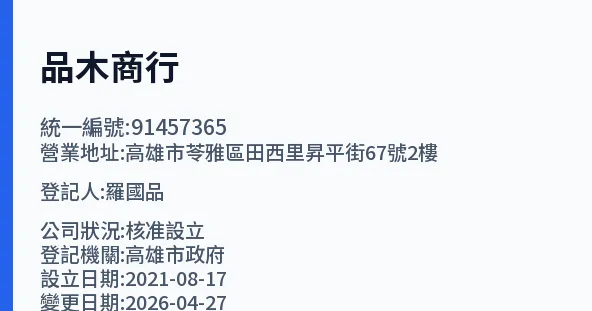 品木商行的照片-統編 91457365(高雄市) 公司登記資料與營業項目詳細圖表