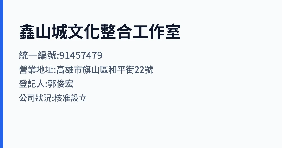 鑫山城文化整合工作室 - 統編 91457479（高雄市） 公司登記資料與營業項目詳細圖表