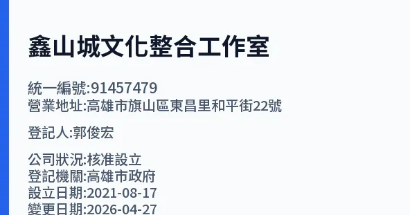 鑫山城文化整合工作室的照片-統編 91457479(高雄市) 公司登記資料與營業項目詳細圖表