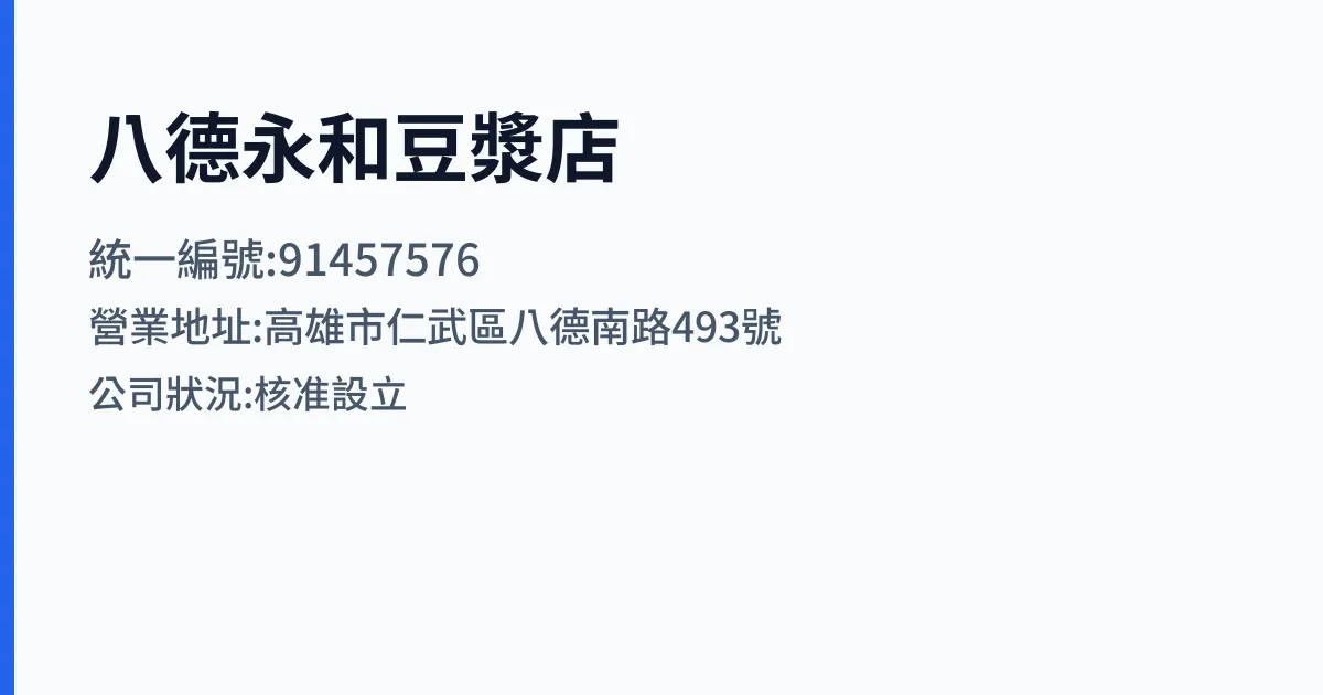 八德永和豆漿店 - 統編 91457576(高雄市) 公司登記資料與營業項目詳細圖表