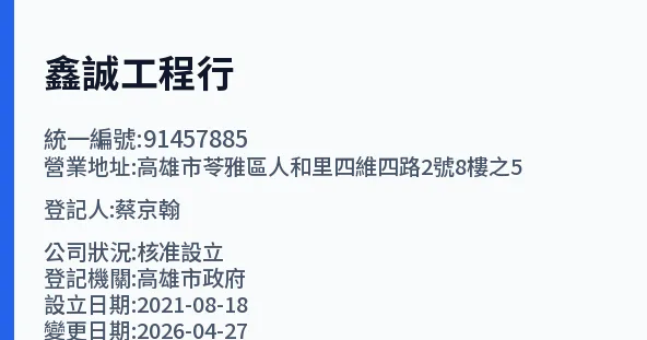 鑫誠工程行的照片-統編 91457885(高雄市) 公司登記資料與營業項目詳細圖表