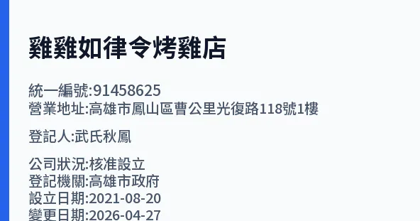 雞雞如律令烤雞店的照片-統編 91458625(高雄市) 公司登記資料與營業項目詳細圖表