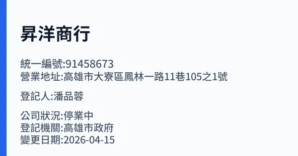 昇洋商行的照片-統編 91458673(高雄市) 公司登記資料與營業項目詳細圖表