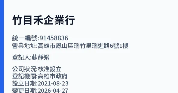 竹目禾企業行的照片-統編 91458836(高雄市) 公司登記資料與營業項目詳細圖表