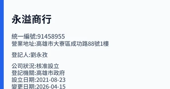 永溢商行的照片-統編 91458955(高雄市) 公司登記資料與營業項目詳細圖表