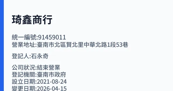 琦鑫商行的照片-統編 91459011(臺南市) 公司登記資料與營業項目詳細圖表