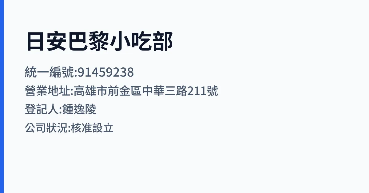 日安巴黎小吃部 - 統編 91459238(高雄市) 公司登記資料與營業項目詳細圖表