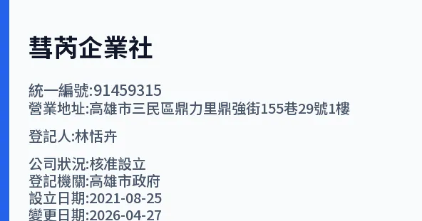 彗芮企業社的照片-統編 91459315(高雄市) 公司登記資料與營業項目詳細圖表