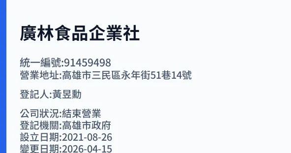 廣林食品企業社的照片-統編 91459498(高雄市) 公司登記資料與營業項目詳細圖表