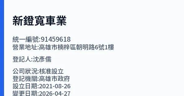新鐙寬車業的照片-統編 91459618(高雄市) 公司登記資料與營業項目詳細圖表