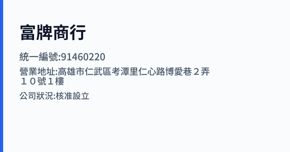富牌商行 - 統編 91460220(高雄市) 公司登記資料與營業項目詳細圖表