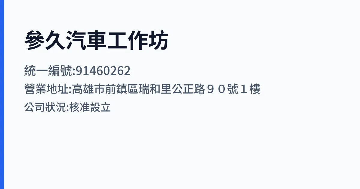 參久汽車工作坊 - 統編 91460262(高雄市) 公司登記資料與營業項目詳細圖表