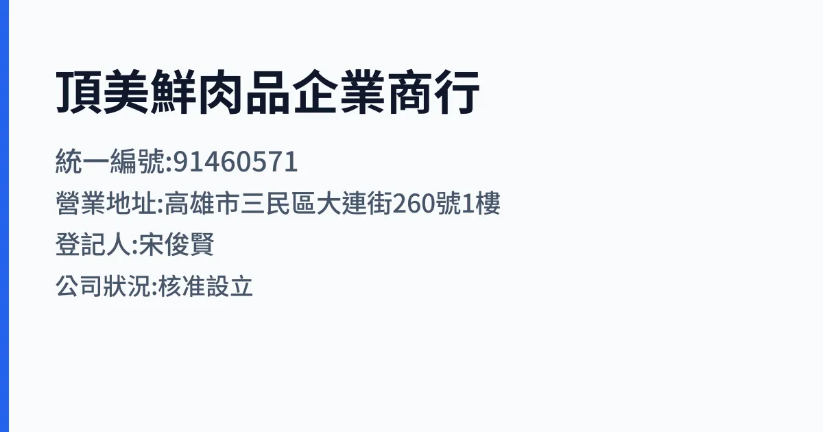 頂美鮮肉品企業商行 - 統編 91460571(高雄市) 公司登記資料與營業項目詳細圖表