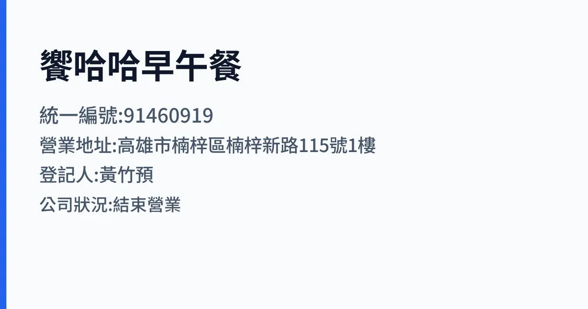 饗哈哈早午餐 - 統編 91460919(高雄市) 公司登記資料與營業項目詳細圖表