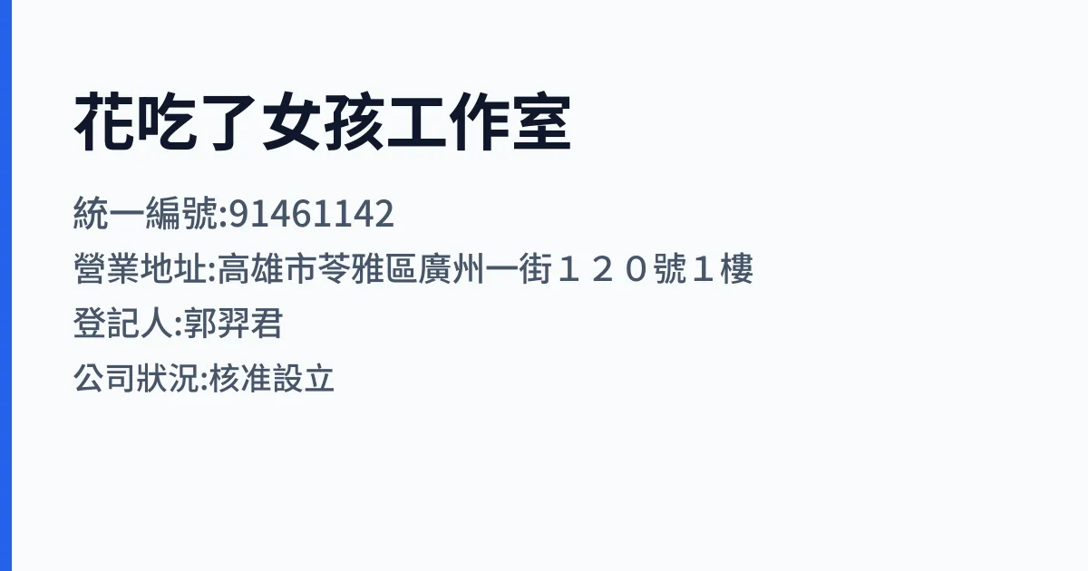 花吃了女孩工作室 - 統編 91461142(高雄市) 公司登記資料與營業項目詳細圖表